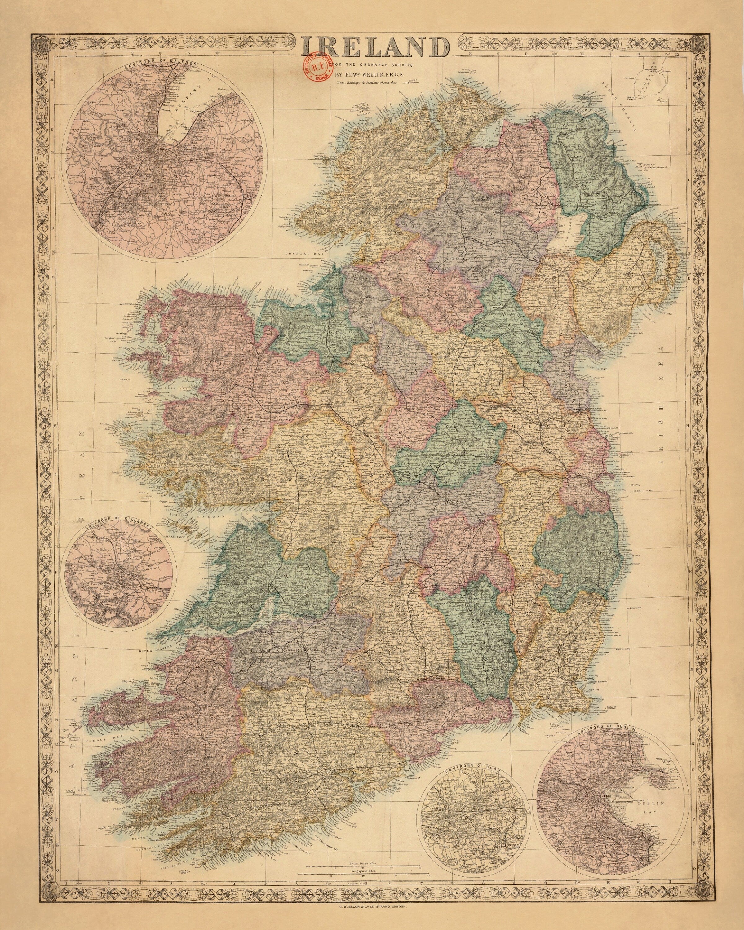 Ireland from the Ordnance Survey Map dated 19th Century – Ninska Designs